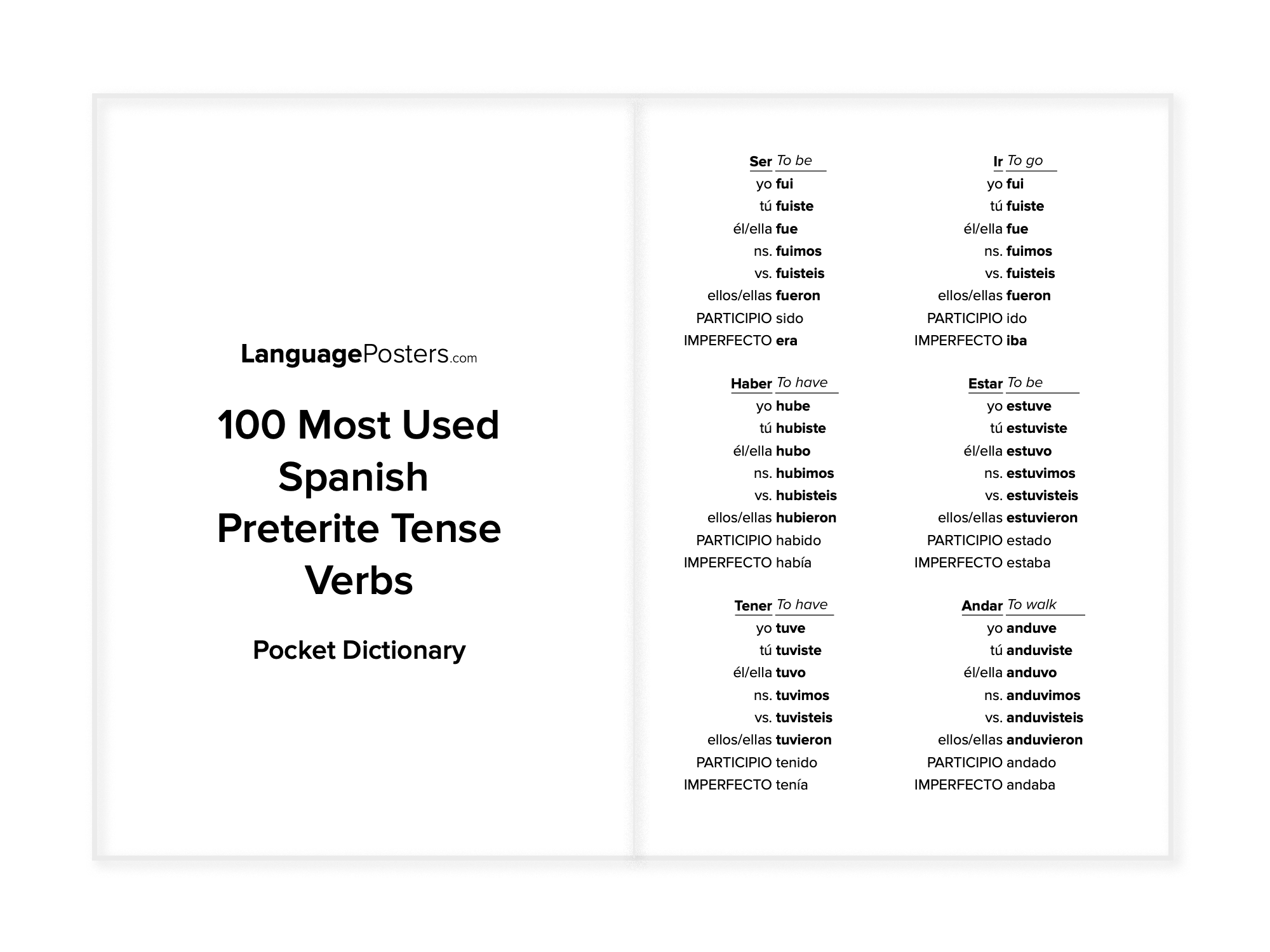 100 Most Used Spanish Preterite (Past) Tense Verbs Poster w/ Study Gui ...